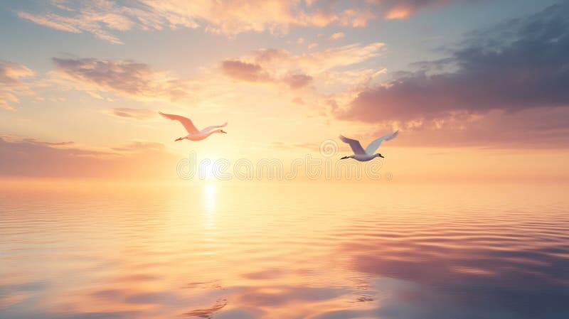 Two Swans Soaring Over Calm Sunset Sea Stock Illustration ...