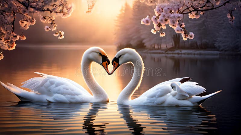 Two Swans Swimming in a Lake and Making a Heart Shape at Sunset Stock ...