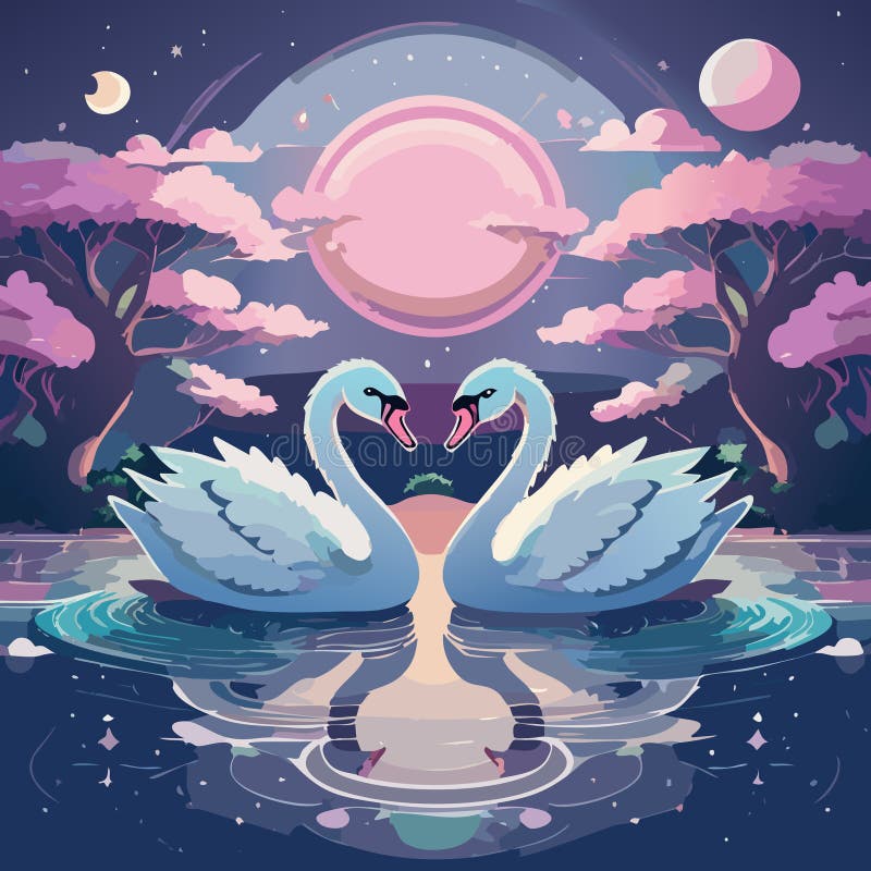 Two Swans Swimming in the Lake at Night. Vector Illustration Stock ...