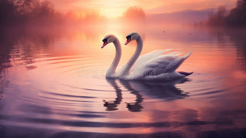 Two Swans Swimming in a Lake at Sunset Stock Illustration ...