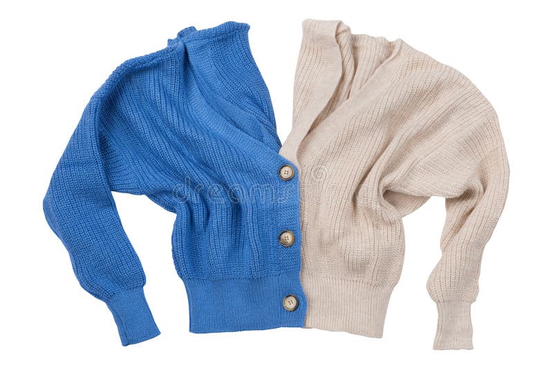Two Sweaters, Blue and Beige, are Folded and Fastened To Each Other ...