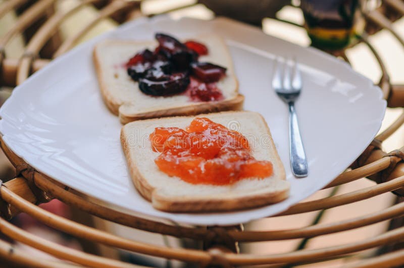 Two Sweet Toast with Fruit Jam. Closeup Stock Photo - Image of cake ...