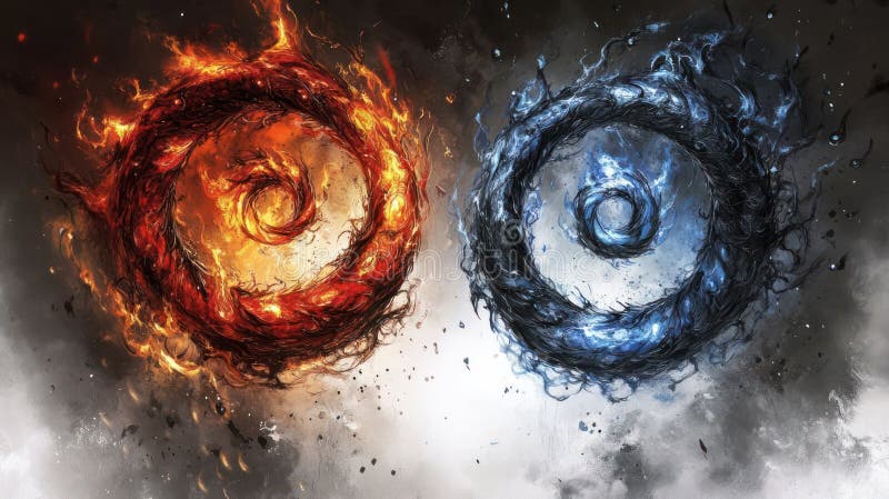 Two Swirling Symbols Representing Fire and Water Elements in a Dramatic ...