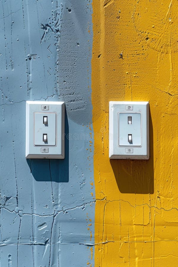 Two Switches on a Yellow and Blue Wall Stock Photo - Image of machinery ...