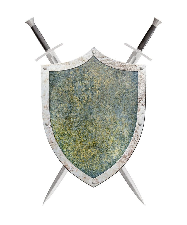 Two Swords and Green Metal Shield Isolated on White Stock Illustration ...