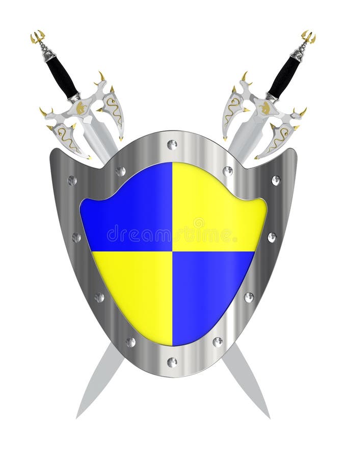Blue Shield With Swords Isolated Stock Photo - Illustration of logos ...