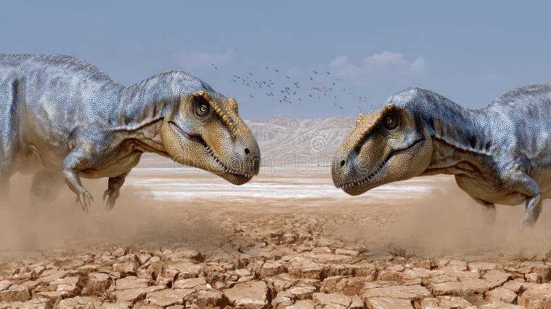 Two T-rex Dinosaurs Facing Off on a Dry Cracked Earth Landscape Under ...