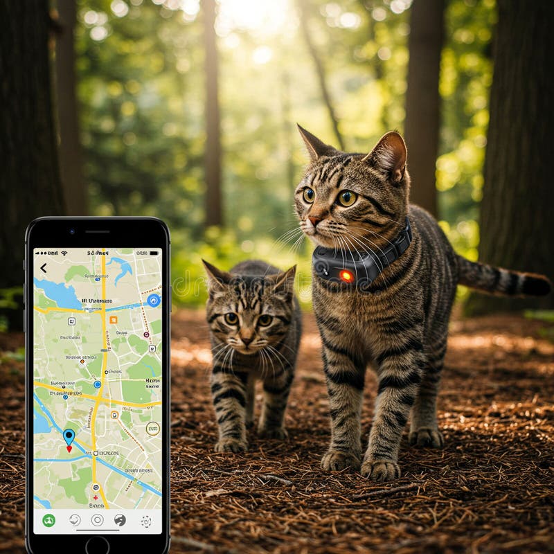 Two Tabby Cats in a Forest, One Wearing a Black GPS Collar with a ...