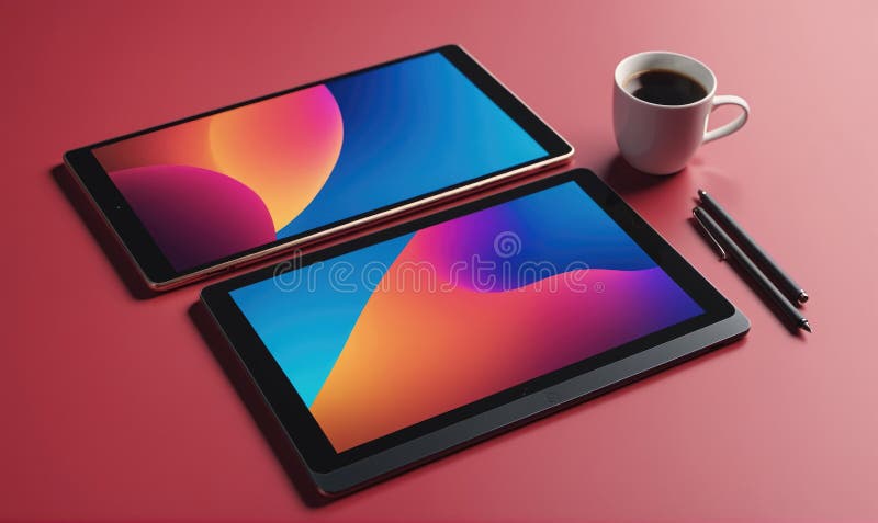 Two Tablets with Abstract Backgrounds Sit on a Red Desk with a Cup of ...