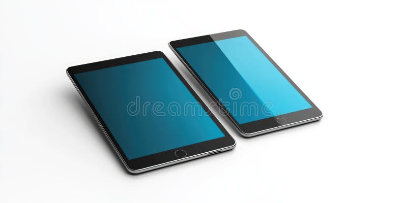 Two Tablets with Blue Screens are Laying on a White Background Stock ...