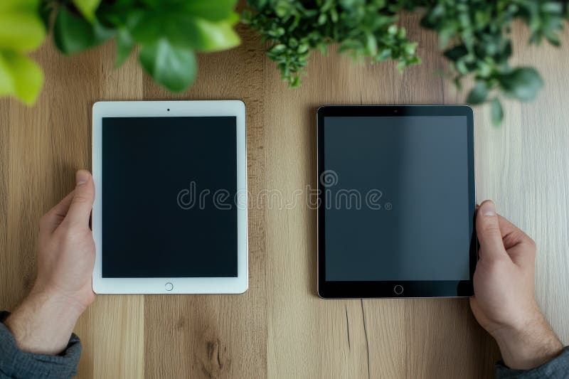 Two Tablets Held by Hands on a Wooden Table Stock Illustration ...
