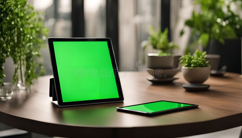 Two Tablets on Wooden Table with Green Screen Stock Illustration ...