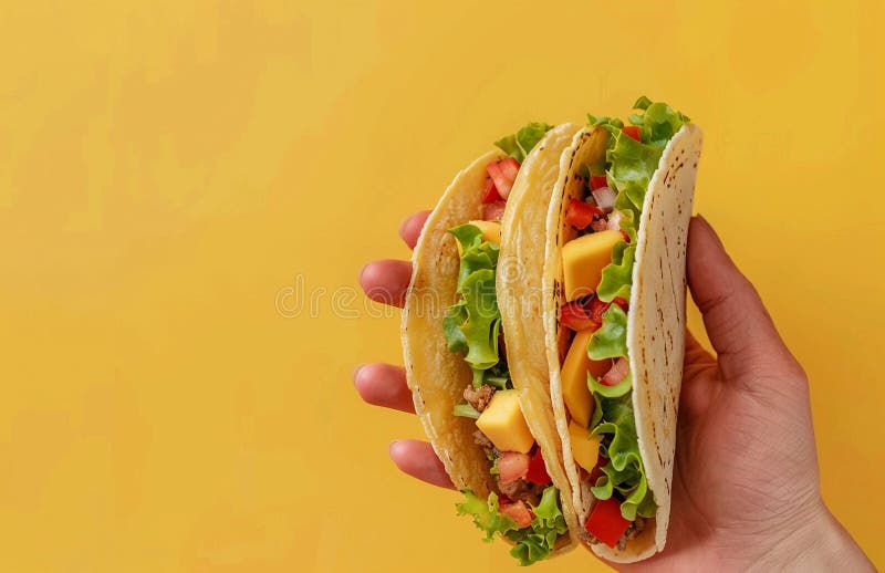 Two Tacos in Hand, Yellow Background Stock Photo - Image of pepper ...