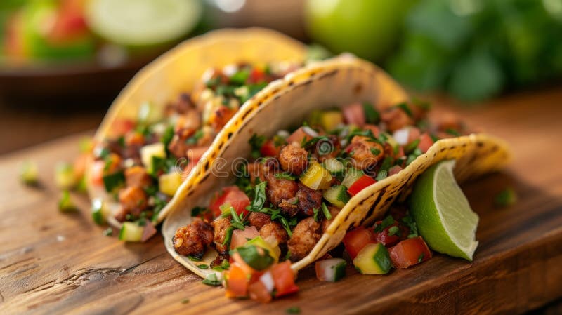 Two Tacos with a Lime on Top of the Table, AI Stock Photo - Image of ...
