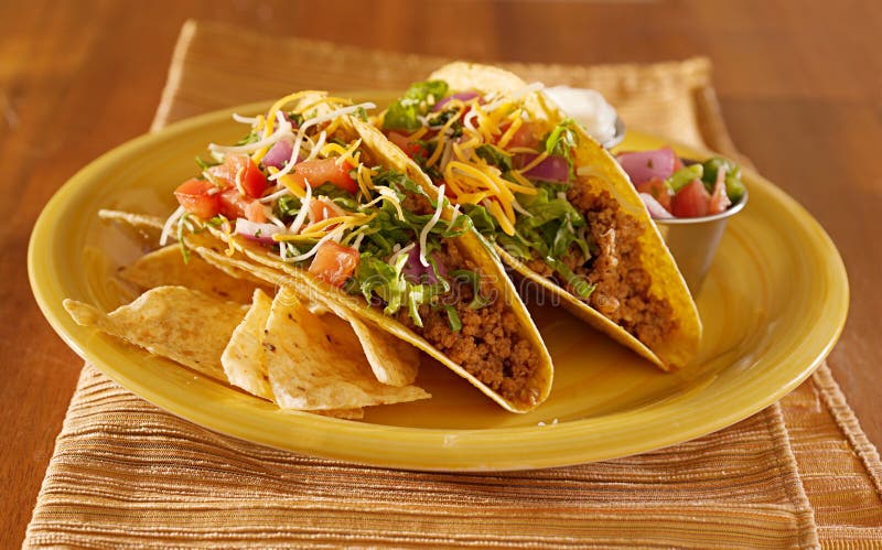 Two Tacos With Salsa And Sour Cream Stock Photo - Image of hamburger ...