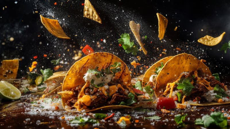 Two Tacos with Toppings and Falling Tortilla Chips Stock Illustration ...