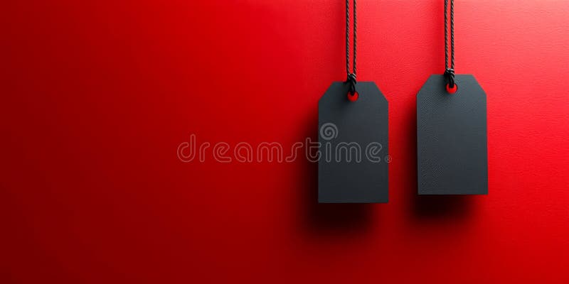 Two Black Tags Hanging from a Red Background Stock Photo - Image of ...