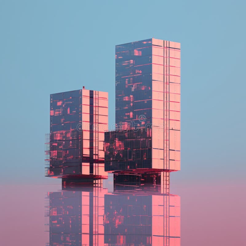 Two Tall Buildings are Reflected in a Pink Sky Stock Illustration ...