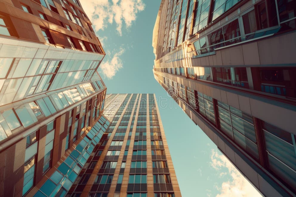 Two Tall Buildings Seen from the Ground, with a Blurred Background ...