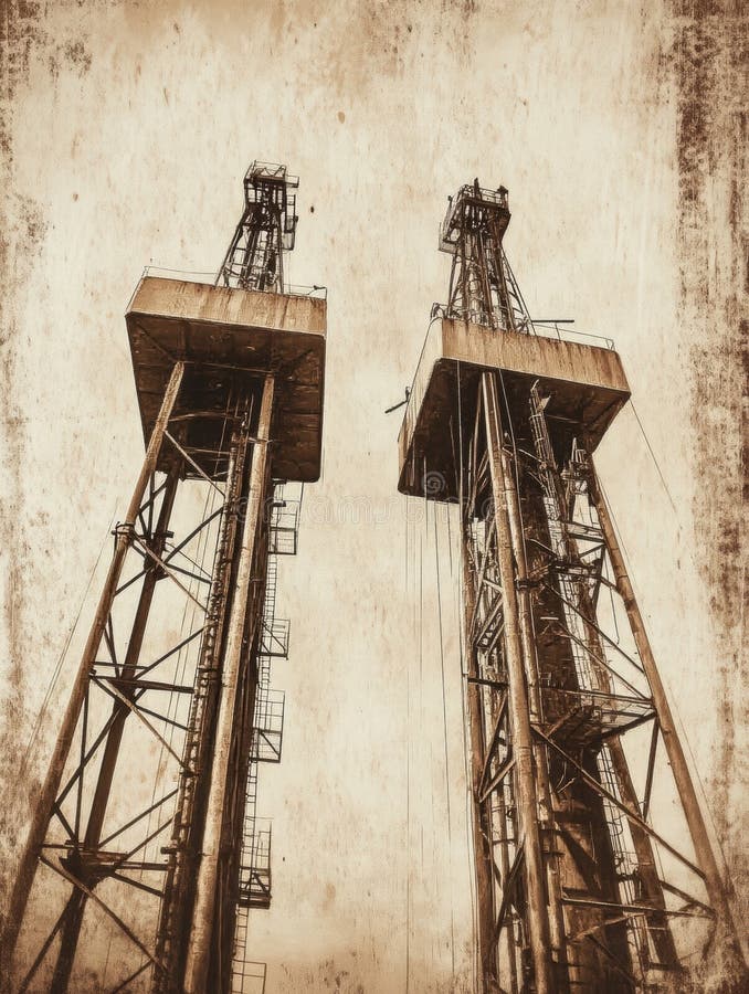 Two Tall Drilling Rigs Standing Against a Textured Background in an ...