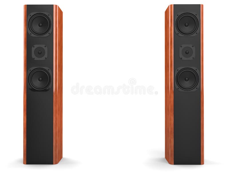 Two Tall Modern Speakers with Wood Side Panels - Front View Stock ...