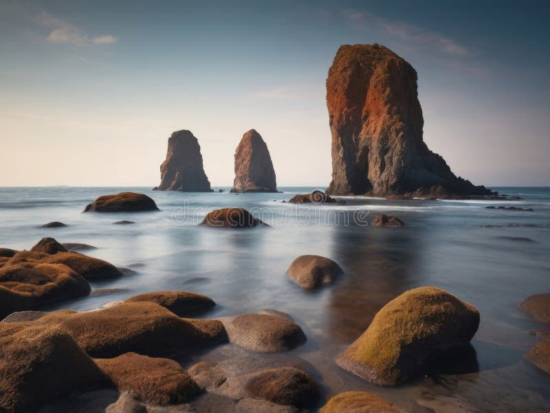 Two Tall Sea Stacks with a Cave Near the Ocean. Stock Photo - Image of ...