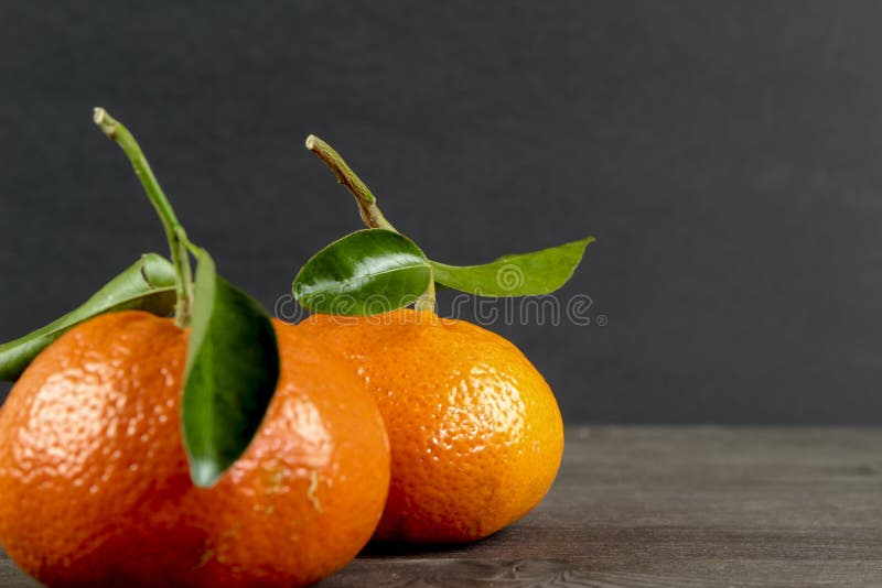Two Tangerines with Green Leaves on Black Background Stock Image ...