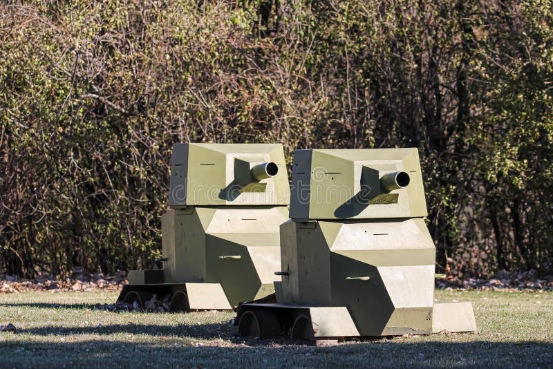 Two Tank Artworks in a Park Stock Image - Image of tree, wallpaper ...