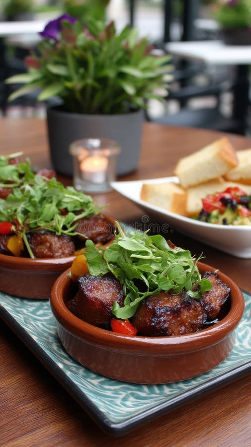 Two Tapas Dishes with Leafy Greens, Peppers, and Bread on a Table in a ...