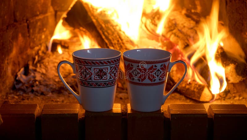 Romantic Couple Fireplace Intimate Stock Photo - Image of dress ...