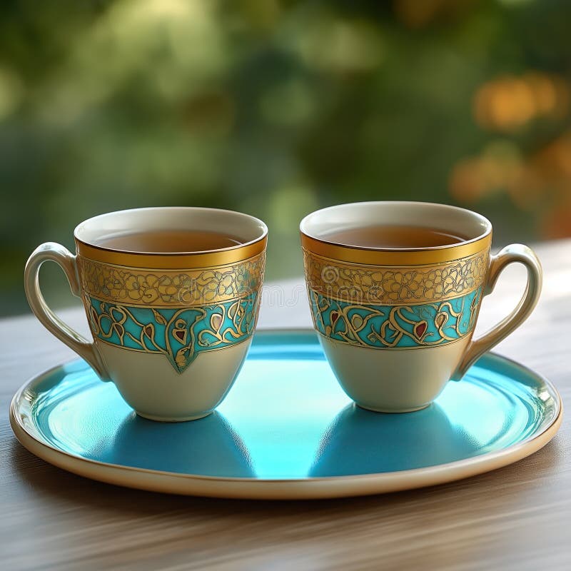 Two Teacups with Decorative Patterns of Teal, Gold Placed on Turquoise ...