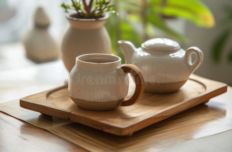 Two Teapots on Wooden Platter, Stock Image - Image of serving, platter ...