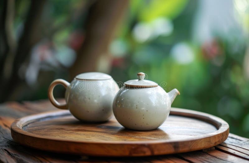 Two Teapots on Wooden Platter, Stock Photo - Image of beverage ...