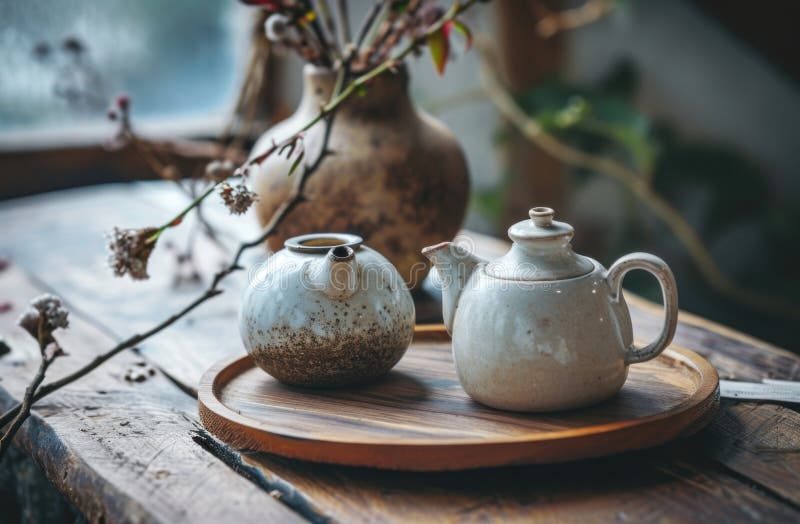 Two Teapots on Wooden Platter, Stock Photo - Image of brew, teapots ...