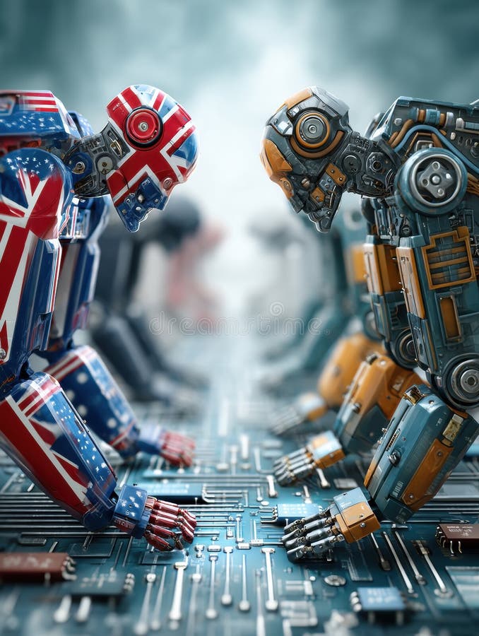Tech Robots Face Off in a Digital War Draped in National Flags Over ...