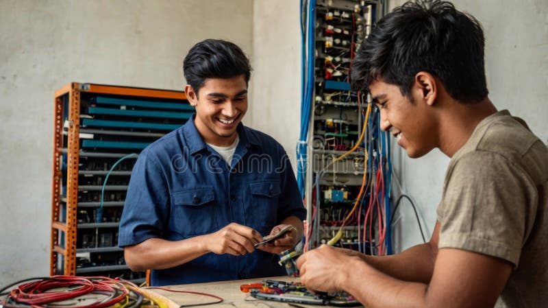 Two Technicians Collaborating, Repairing Electronic Device in Workshop ...