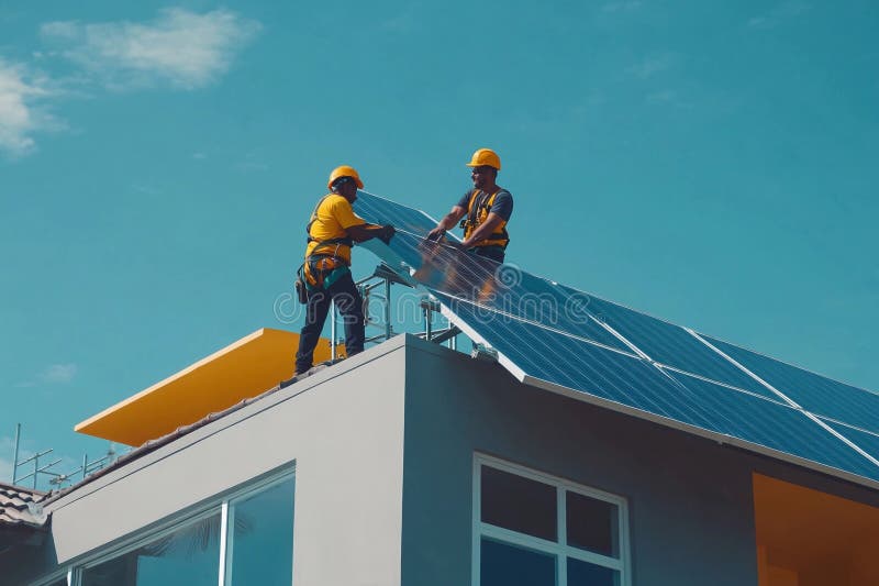 Two Technicians are Securing Solar Panels on a Sleek Rooftop Under a ...