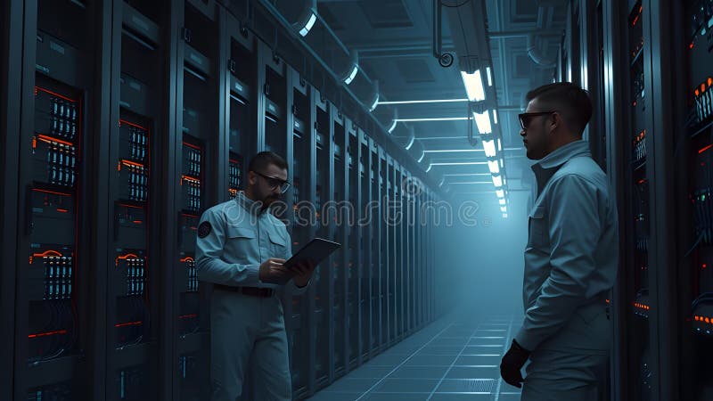 Two Technicians in a Server Aisle Inspect Glowing Racks, Ensuring ...