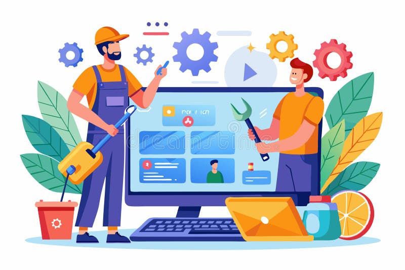 Two Technicians are Using Tools To Manage an Online Repair Service on a ...