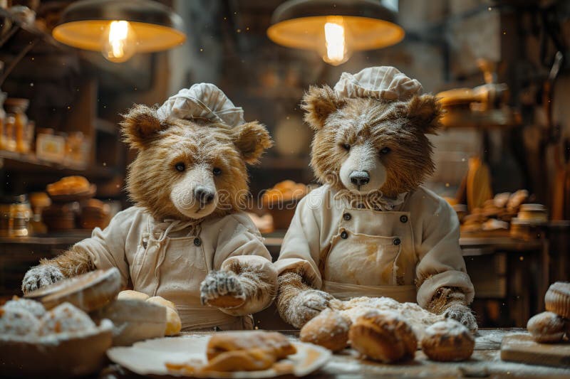 Two Teddy Bears in a Bakery Stock Illustration - Illustration of fluffy ...