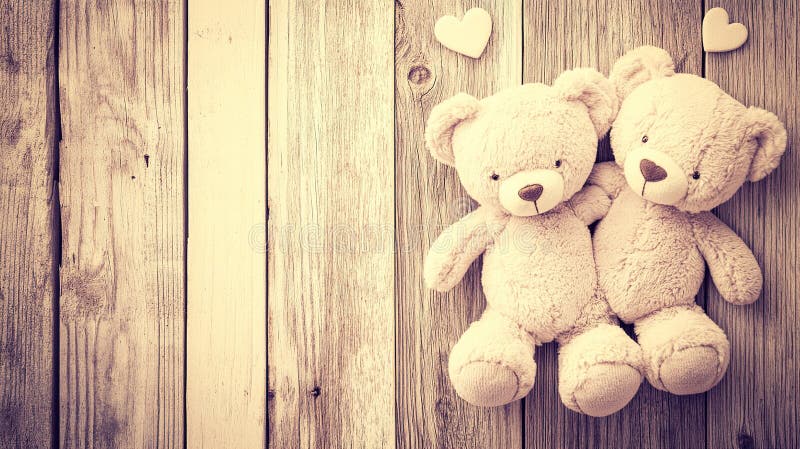 Two Teddy Bears Hugging on Wood; Hearts; Valentine S Stock Photo ...