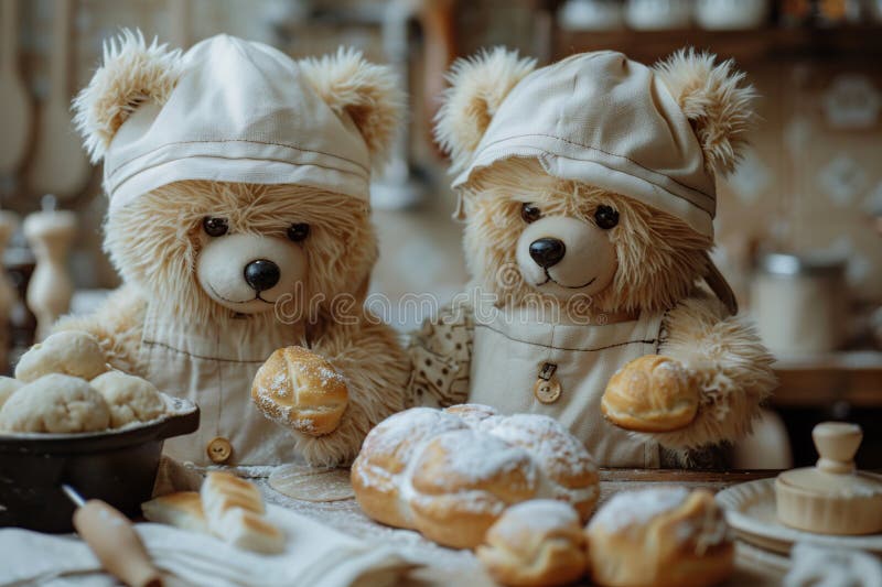 Two Teddy Bears in a Kitchen Setting Enjoying Freshly Baked Bread Stock ...