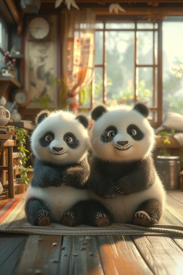 Two Teddy Bears Panda is Sitting at Home on the Floor Stock Image ...