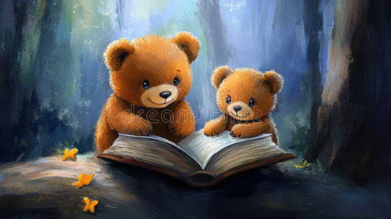 Two Teddy Bears Sitting on a Book Reading it Together, AI Stock Image ...