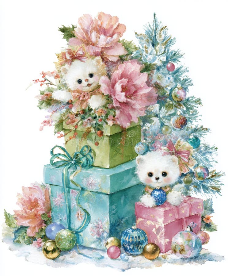 Two Teddy Bears Sitting on Colorful Wrapped Presents Against a White ...