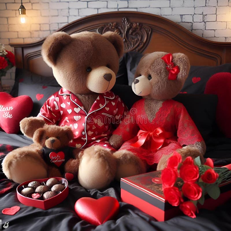 Two Teddy Bears Sitting on the Edge of a Bed with Heart Shaped Boxes ...