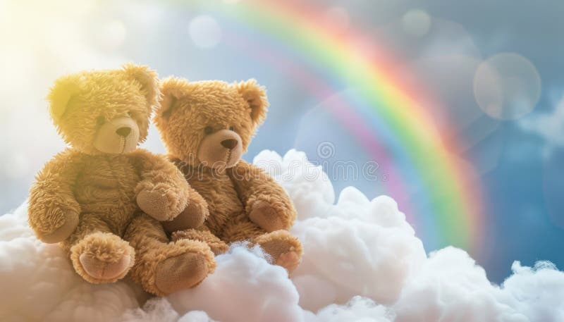Two Teddy Bears Sitting on Fluffy Clouds Under a Vibrant Rainbow in a ...