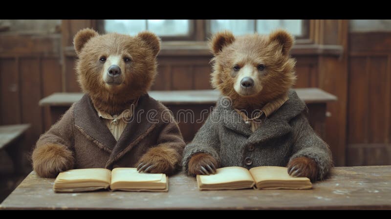 Two Teddy Bears Sitting on a Table with a Book in Their Hands Stock Illustration - Illustration ...