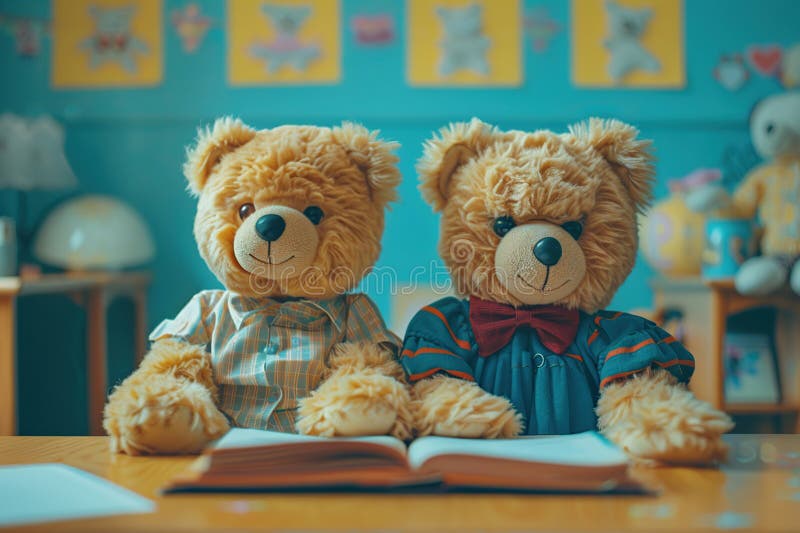 Two Teddy Bears Reading a Book Stock Illustration - Illustration of ...