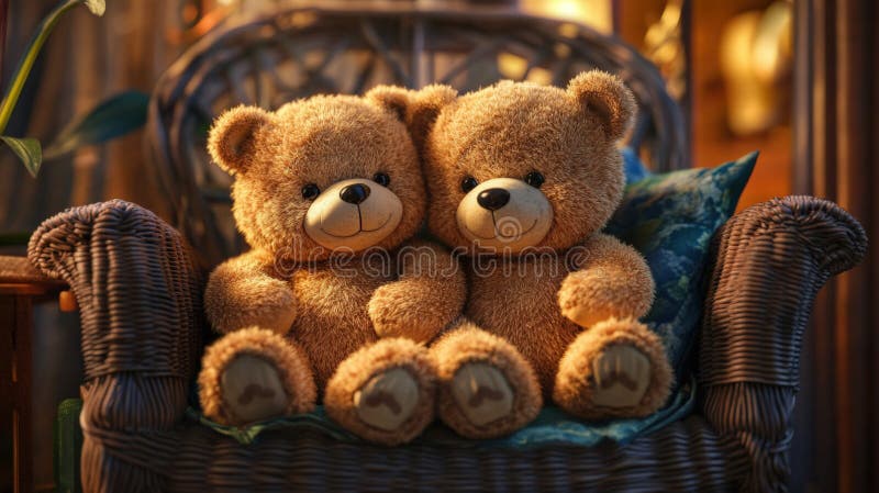 Two Teddy Bears Sitting Together in a Wicker Chair Stock Image - Image ...